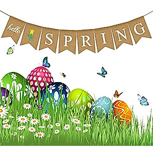 Hello Spring Banner Burlap Decorations, Happy Spring Banner Garland with Flower for Mantle Fireplace Supplies Spring Bunting Garland Banner Decoration for Home Spring Themed Party Decor