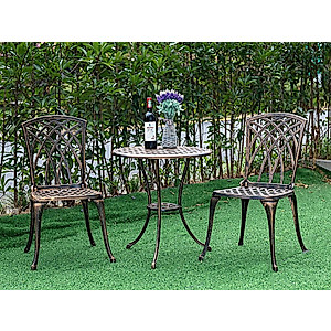 ZOTORUN Bistro Set 3 Piece Cast Aluminum Patio Furniture Sets 2 Chairs and 1 Round Table with Umbrella Hole for Outdoor, Patio Balcony, Bronze