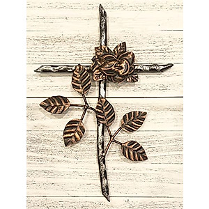 Top Brass Decorative Floral Wall Cross - Welded Wrought Iron - Leaves, Branches and Flowers Religious Metal Art Sculpture - Antique Silver/Copper Finish (Leaves and Rose)