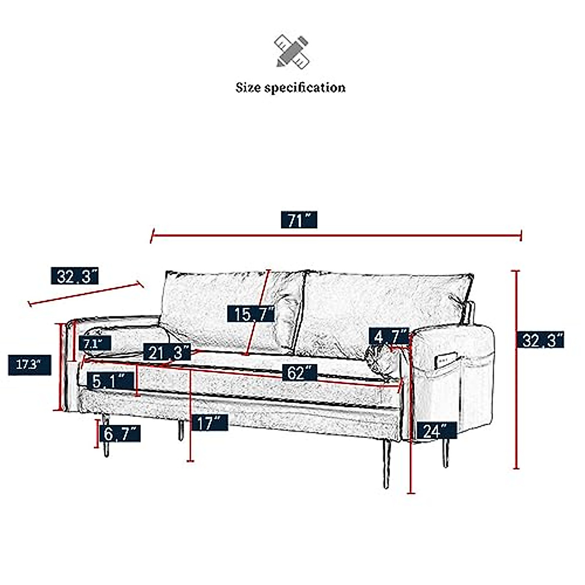 71" Velvet Sofa with Pocket Mid Century Modern Couch Futon Loveseat Sofá Chair Large Lounge Couch 3 Seater Couch for Dorm, Apartment,Room,Compact Living Space,Weight Capacity Up to 700 Lbs,Green