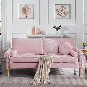 RXRRXY Modern Loveseat Sofa,Velvet Loveseats for Small Spaces, Mid Century 3 Seater Sofas,Button Tufted Upholstered Couch for Bedroom,with Pillow,Suitable for Living Rooms, Apartments,Office. (Pink)