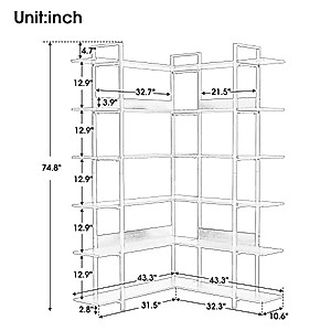 Tall Bookcase Shelf Storage Organizer 6 Tiers, L-Shape Corner Bookshelf with Anti-toppling Fitting, Industrial Display Standing Shelf Units for Living Room Home Office, Each Panel Hold up to 80 lbs