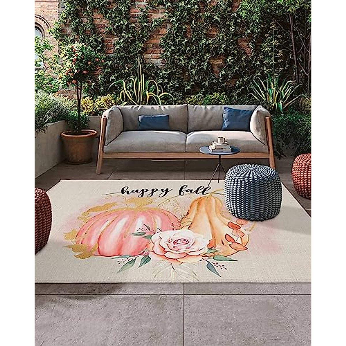 Thanksgiving Fall Outdoor Rug for Patio/Deck/Porch, Non-Slip Area Rug 6x9 Ft, Pink Orange Pumpkin Autumn Botanical Rustic Indoor Outdoor Rugs Washable Area Rugs, Reversible Camping Rug Carpet Runner