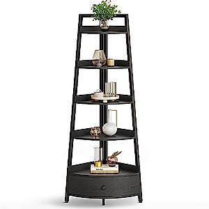 Seventable Corner Shelf with Drawer, 5-Tier Corner Bookshelf, Freestanding Corner Shelf Unit, Black Corner Bookcase, Corner Plant Stand for Living Room, Kitchen, Home Office