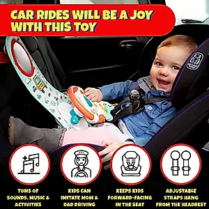 Interactive Car Seat Toys for Baby Girl & Boy - Portable Toddler Activity Center with Steering Wheel, Lever, Sounds, Music & Lights - Includes A Car Remote Musical Teether Toy for Infants