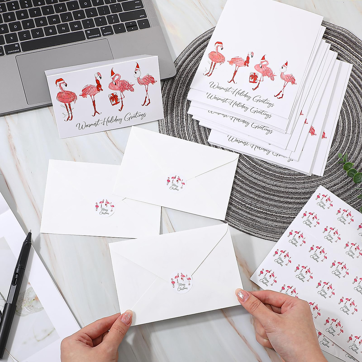 Poen 50 Sets Christmas Flamingo Thank You Cards with Envelopes and Stickers Merry Christmas Greeting Cards 4 x 6 Inches Funny Christmas Cards for Friend Family Coworkers Clients Holiday Wishes
