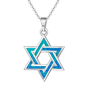 FANCIME Star of David Necklace for Women Hanukkah Gifts 925 Sterling Silver Blue Created Opal Necklace Charm Geometric Pendant Jewelry for Women