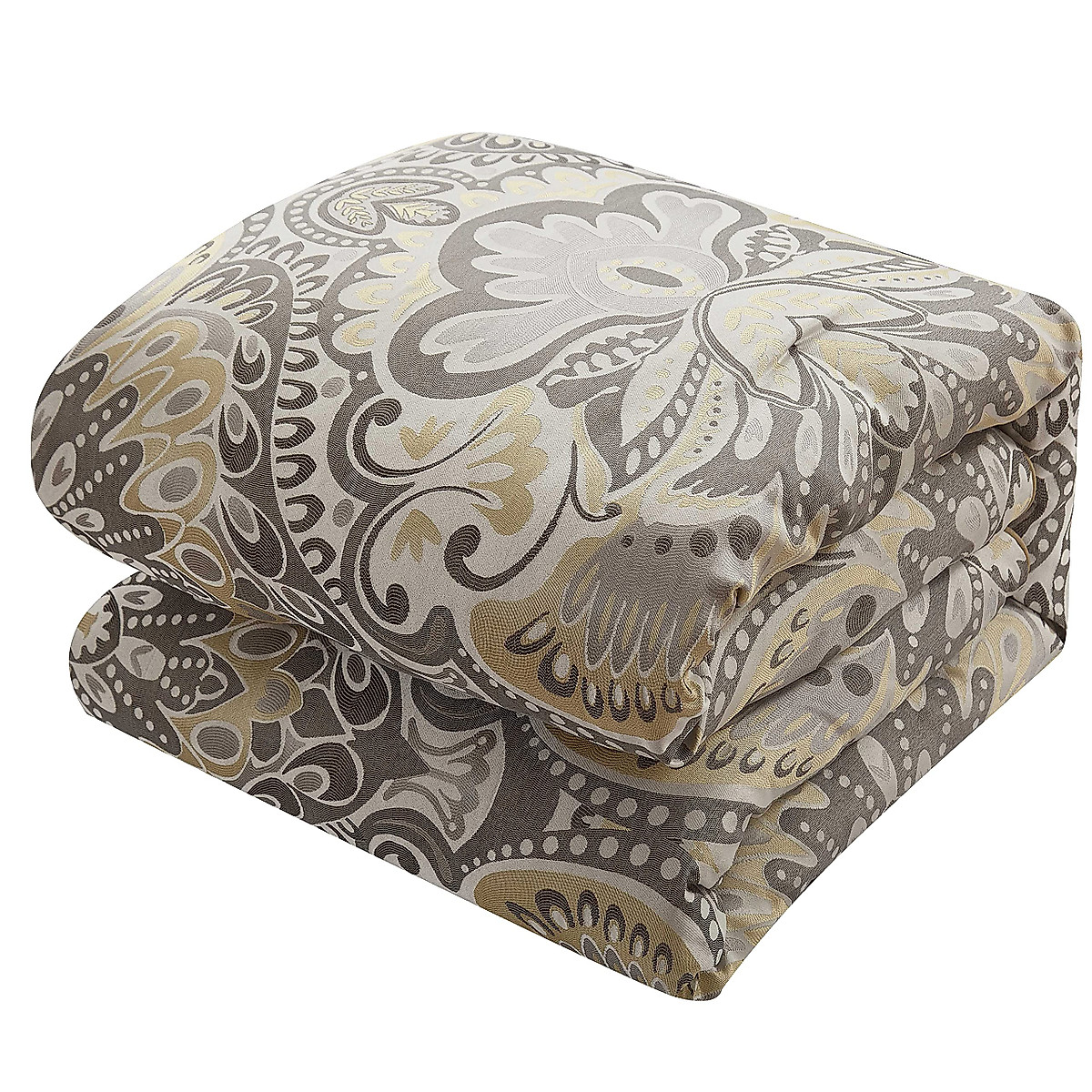 Stratford Park 6-Piece Grey Yellow Comforter Set for Girls, King Size, Elegent Floral Bedding Set, Jacquard Design, Matching Bedskirt, Pillows & Shams