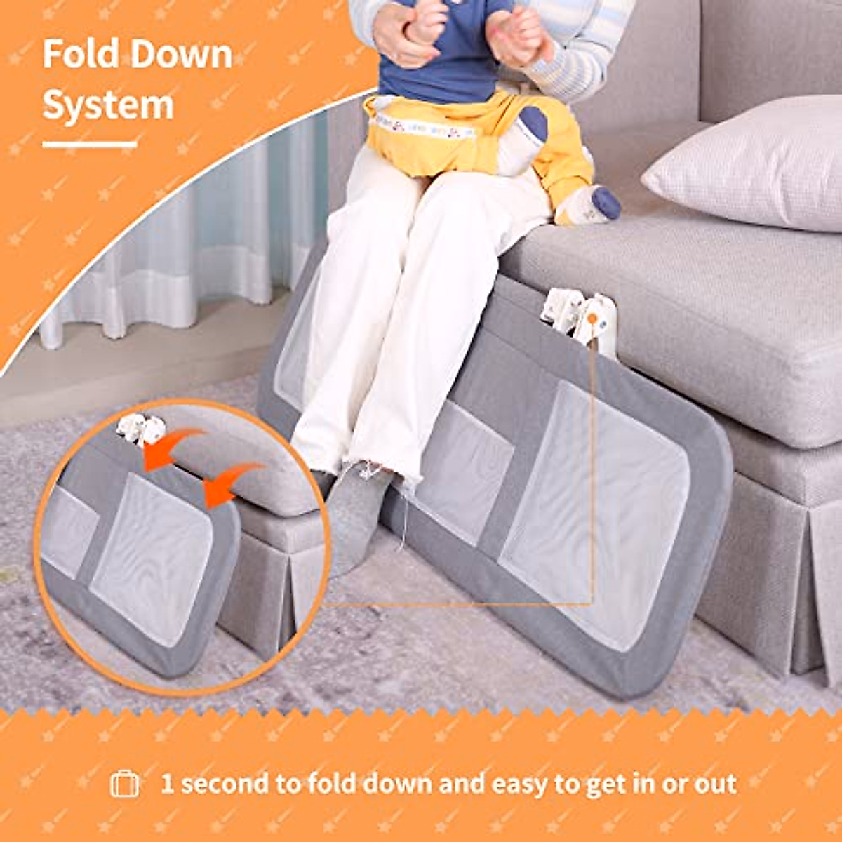 Bed Rail For Toddlers, 180° Up Side Down Foldable Baby Bed Rail Guard For Kids, Portable Baby Bed Fence, Infants Bed Guardrail For Travelling Hotel, Home Use, Full Twin Queen King Mattress (59'')