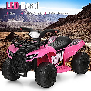 Costzon Kids ATV, 6V Battery Powered Electric Vehicle Four Wheeler Quad w/Storage Basket, Headlight, Horn, Music, MP3 & USB, Toddler 4 Wheeler Ride on Car Toy for Boys Girls 18-36 Months (Pink)
