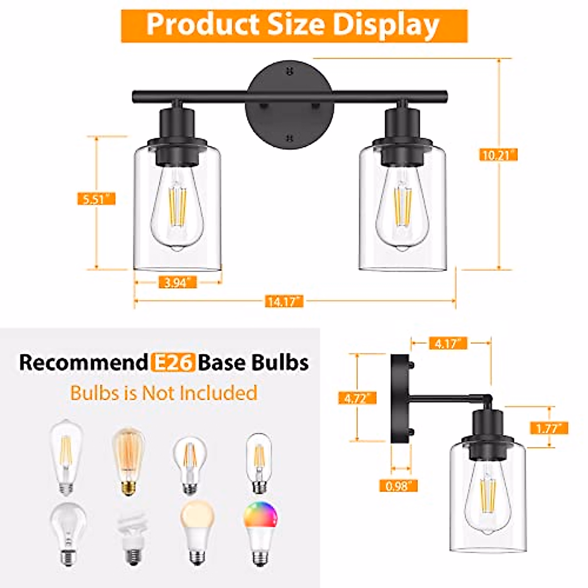Licperron 2-Light Bathroom Vanity Light Fixtures, Modern Black Bathroom Vanity Lights Over Mirror with Clear Glass Shade, Industrial Wall Mounted Sconces Lighting for Bedroom Hallway