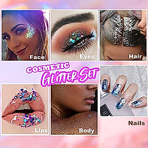 Face Glitter Makeup, Holographic Chunky Face Body Glitter, Glitter Eyeshadow Cosmetic Laser Powder for Face Hair Nails, Festival Body Glitter Makeup