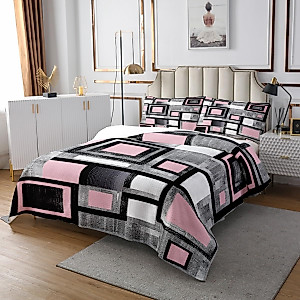 Feelyou Geometric Bedspread Queen Size Kids Geometry Quilted Coverlet for Boys Teens Pink Grey Black Buffalo Check Coverlet Set Breathable Modern Abstract Art Quilted Room Decor