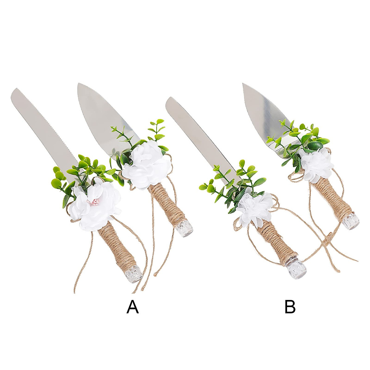 Wedding Cake Knife and Server Set of 2, Rustic Style Stainless Steel Bride and Groom Cake Cutting Utensils with Eucalyptus Leaves and White Roses, Pie Cake Pizza Shovel Cutter, A