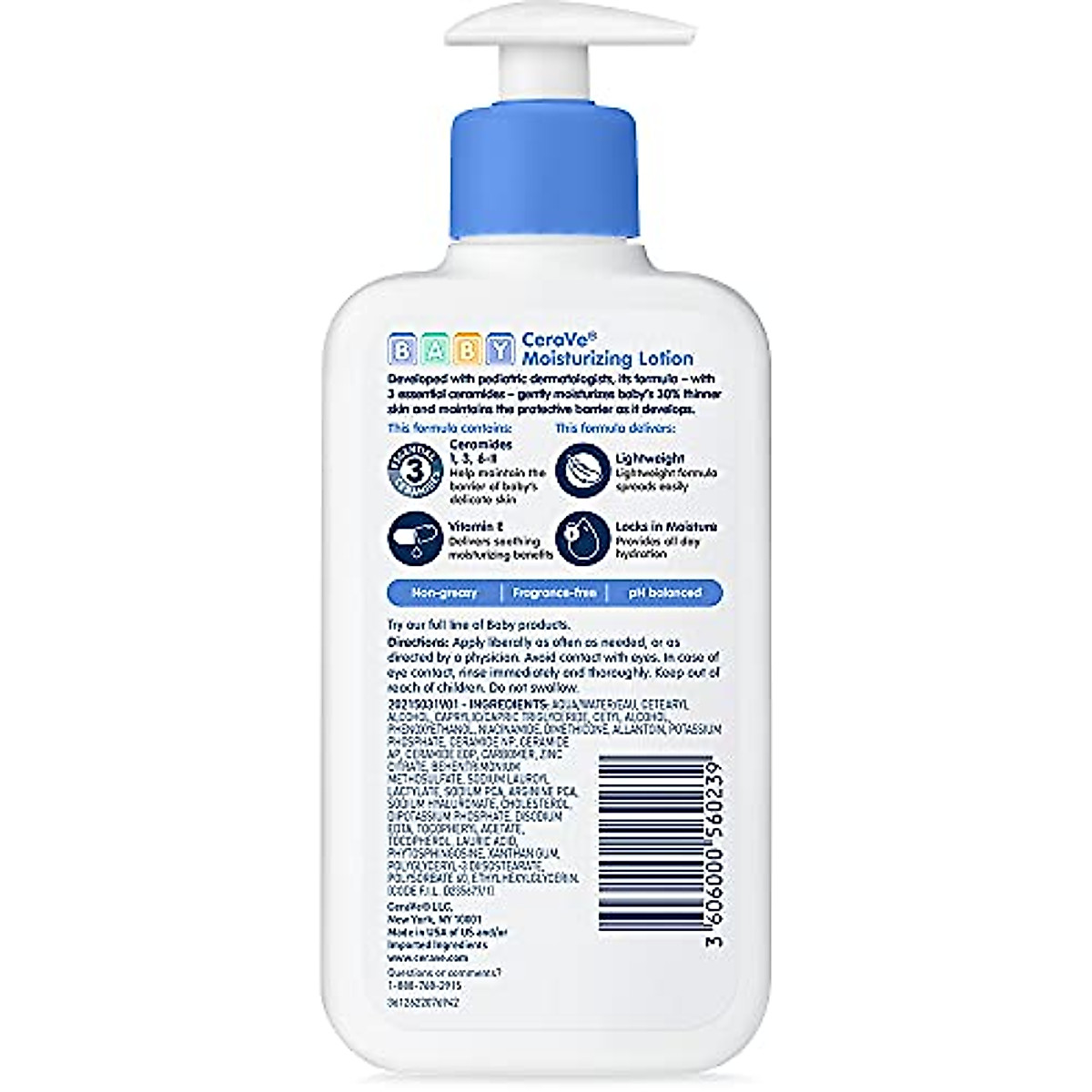 CeraVe Baby Lotion | Gentle Baby Skin Care with Ceramides, Niacinamide & Vitamin E | Fragrance, Paraben, Dye & Phthalates Free | Lightweight Baby Moisturizer | 8 Ounce | Packaging May Vary