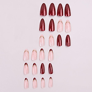 Press on Nails Tip Almond Medium Length, Artificial Fake Nails with Gold Sequins Design, Full Cover Reusable Coffin Shaped Glossy False Nails, Red French Acrylic Nails, Glue on Nails for Women Set