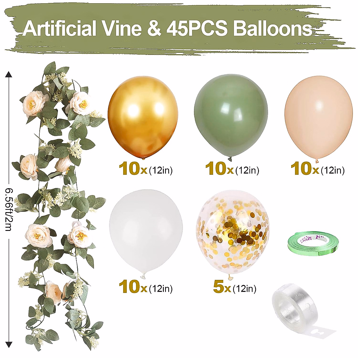 pugkloy 6.56ft Artificial Eucalyptus Garland with Fake Rose Flower Vine Seeded Eucalyptus Leaves and Sage Green Blush Nude Balloons, for Wedding Baby Bridal Shower Birthday Safari Party Decorations