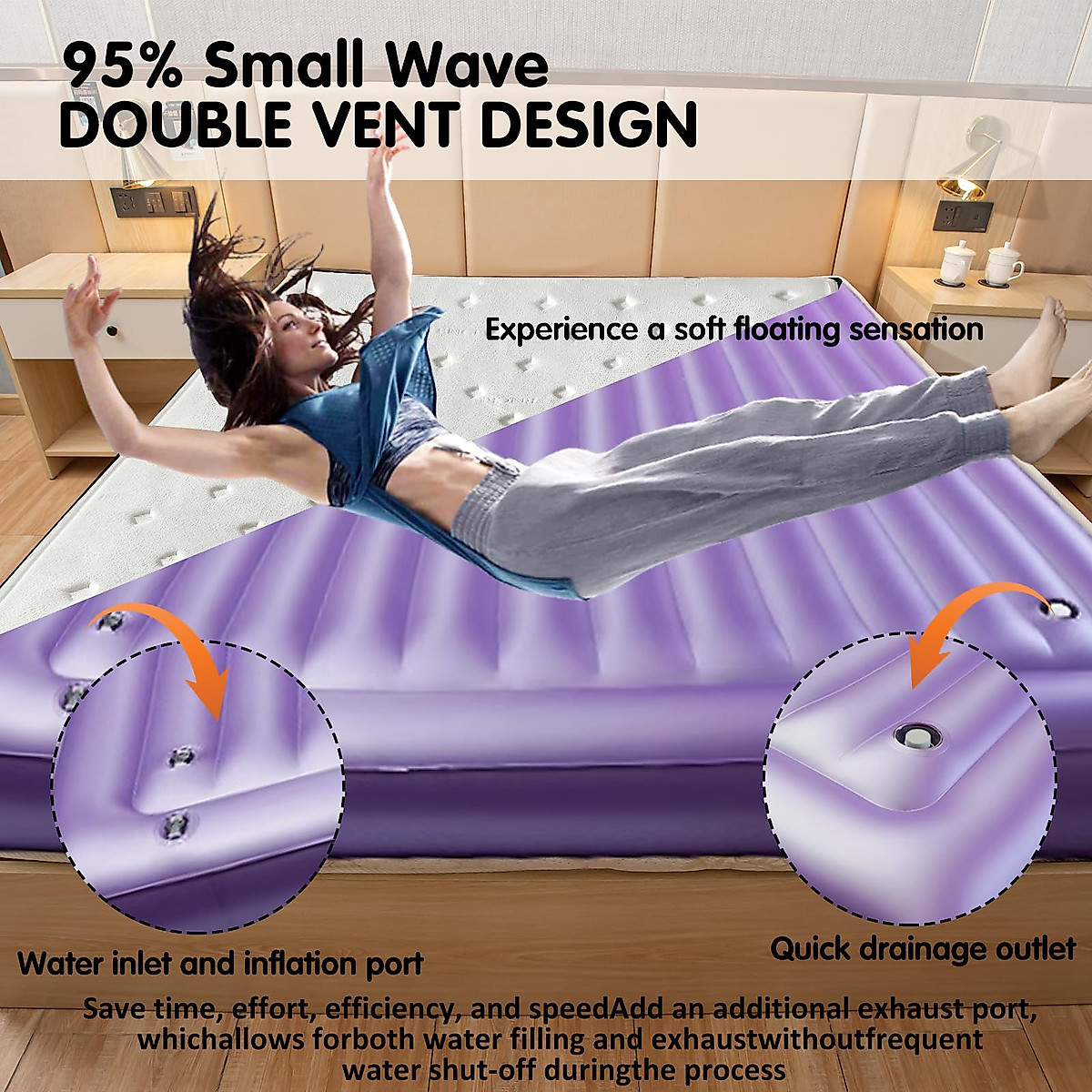95% Small Wave Waterbed Mattresses－Intelligent Constant Temperature Full Size Water Bed, No Frame Needed Square Waterbed Mattress, Water and Air Dual Purpose Waterbed (Queen-60x80)