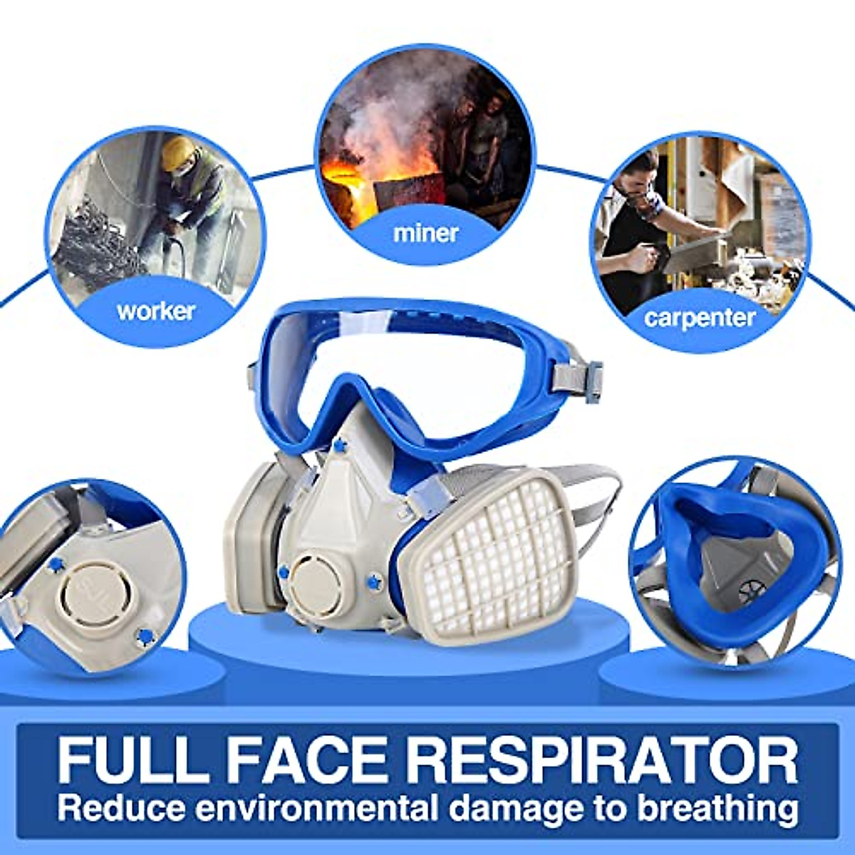 YungeEquipmentUS Reusable Full Facepiece Gas Mask with Safety Glass Respirator Mask Against Organic Vapors/Smells/Asbestos,Ideal for Painting,Polishing,Gas, Decoration, Welding, Blue