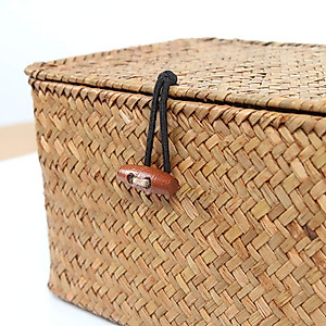 FEILANDUO Wicker Shelf Baskets with Lids, Seagrass Storage Baskets Bins Rectangular Woven Baskets Boxes for Organizing Home Decor Set of 3