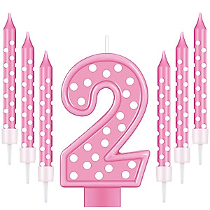 Birthday Candle Number Girls 3 Inch Hot Pink Candle and 6 Pcs Polka Dot Birthday Candles 3.8 Inch First Party Cake Birthday Decorations for Girl (Number 2)
