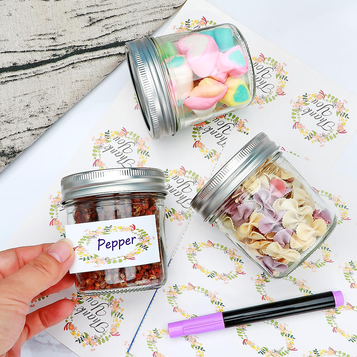 Datttcc Mason Jars Herb Canister, 6 OZ Glass Mason Jar with Regular Lids and Metal Divider, Rustic Country Style Storage Container for Bathroom, Kitchen, Living Room, Office,Set of 30