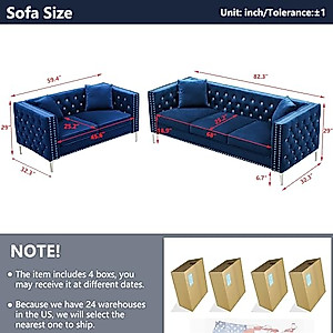 Fulocseny 2 Piece Modern Velvet Upholstered Living Room Sofa Set with 3-Seater Sofa and Loveseat, Jeweled Button Tufted Copper Nails Square Arms, 4 Pillows Included,5 Seater (Blue + Velvet)