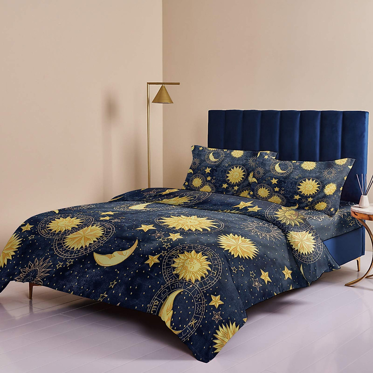 4 Piece California King Duvet Cover Set Night Vintage Moon Sun Star Breathable Comforter Covers Ultra Soft Bed Sheet with 2 Pillow Shams Bedding Collection Sets Yellow Celestial Fabric Midnight