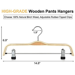 TOPIA HANGER Wooden Pants Hangers,Slim Natural Wood Skirt Hangers with Anti-Rust Hook and Adjustable Metal Clips, Perfect for Skirts, Pants, Slacks-10 Pack-CT17N