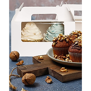 qiqee 100 Packs Cupcake Box Two Holder 6.5x3.6x3.5inch(2.2" Top) White 2 Cupcake Boxes With Window（100 Boxes+100 Inserts）