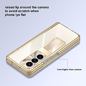 Libeagle Compatible with Samsung Galaxy Z Fold 5 Case, Non-Yellow Clear Back, Electroplated Frame, Full Hinge Protection, Screen Protector, Magnetic Stand, Thin and Slim Phone Cover 5G 2023, Gold
