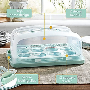 Magnolia 2in1 Cupcake Carrier and Cake Keeper with Lid, Cupcake Box to Fit 12, Sturdy, BPA-Free Cupcake Holder with Two Secure Side Closures, Dishwasher Safe (R40-88857)