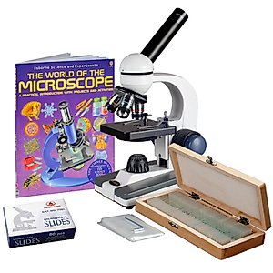 AmScope M150C-50WM-50P100S Compound Monocular Microscope, WF10x and WF25x Eyepieces, 40x-1000x Magnification, LED Illumination, Brightfield, Single-Lens Condenser, Coaxial Coarse and Fine Focus, Plain Stage, 110V, Includes Set of 50 Prepared Slides, 50 Bl