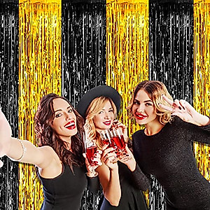 4 Pack Black Gold Foil Fringe Curtain Backdrop, 3.28Ft x 6.56Ft Metallic Tinsel Foil Fringe Streamers Curtains for Photo Booth, Wedding, Graduation, Birthday, Carnival Party Decoration