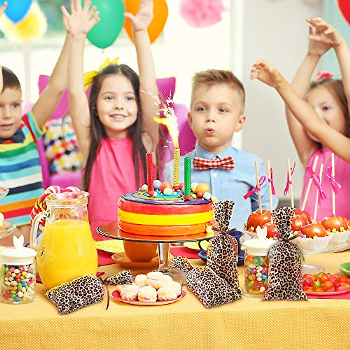 100 Pieces Leopard Print Treat Bags Leopard Candy Bags Easy to Seal Animal Print Cellophane Cookie Bags with 1 Roll Brown Fabric Ribbon for Zoo or Jungle Party Supplies