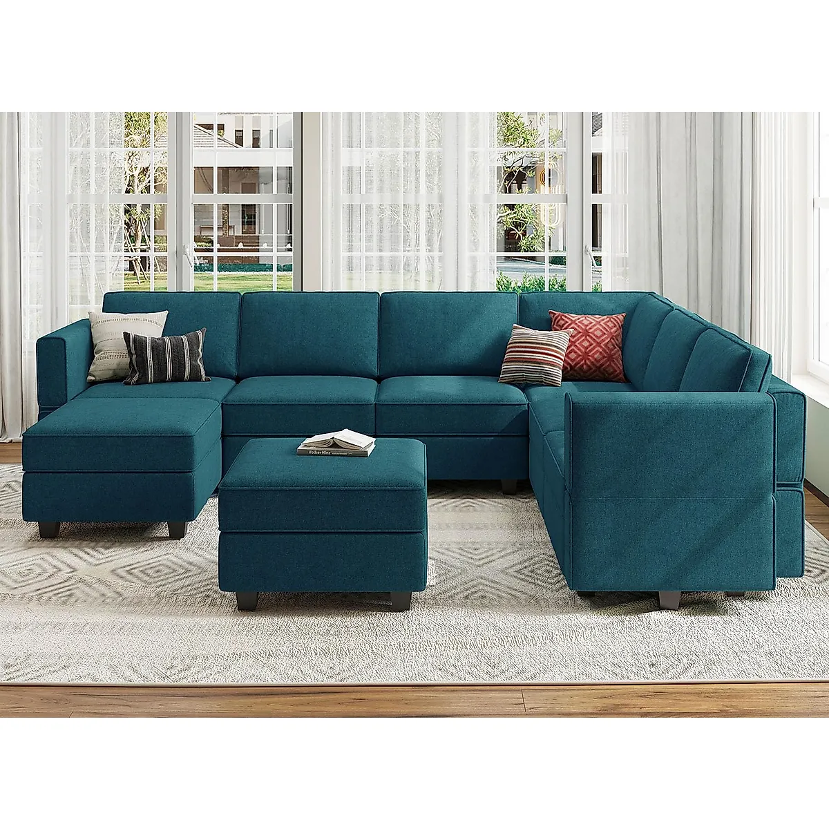 Belffin Oversized Modular Sectional Sofa U Shaped Couch Set with Storage Seat Convertible Large Couch U Shape Set Peacock Blue