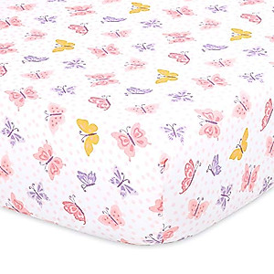 The Peanutshell Butterfly Fitted Crib Sheet Set for Baby Girls - 2 Pack - Pink, Gold, & Lavender