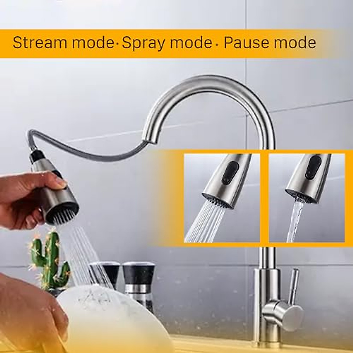 Generic Kitchen Faucet with Extendable Sprayer, Single Handle Hot and Cold Water Kitchen Faucet, Stainless Steel Faucet, Three Use Modes Faucets, Brushed Finish