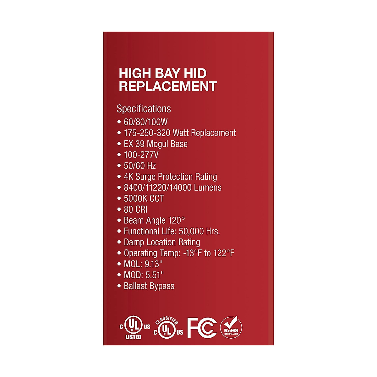 Satco S33113 Hi-Pro LED High Bay Wattage-Selectable HID Replacement Light, White, 60W/80W/100W