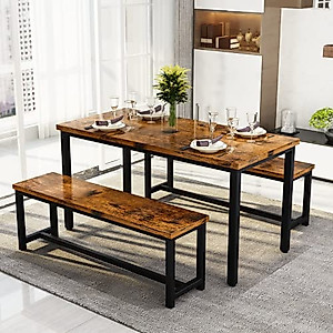 Recaceik 47" Dining Room Table Set with 2 Benches, Kitchen Dining Table Set for 4 Persons, Space Saving Kitchen Table and Chair Set for Dining Room, Small Space, Breakfast Nook(Brown)