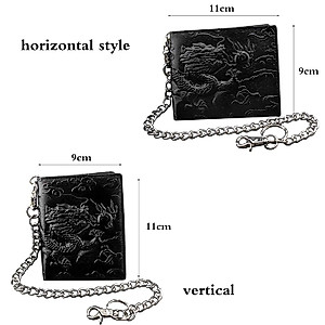 Balck Men Real Leather Vintage Dragon Wallet with Chain Card Holder Purse (vertical)