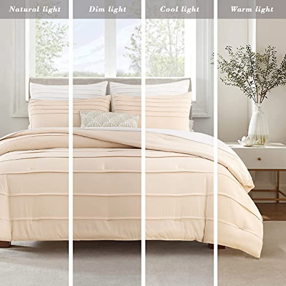 ALEISSEL Stripes Blush Beige Comforter Queen Size,Pleated Queen Comforter Set Lightweight, Ultra-Soft Beige Bedding Set Queen Size 3 Pcs, Down Alternative Comforter Set(Blush Beige,Full/Queen90 x90)