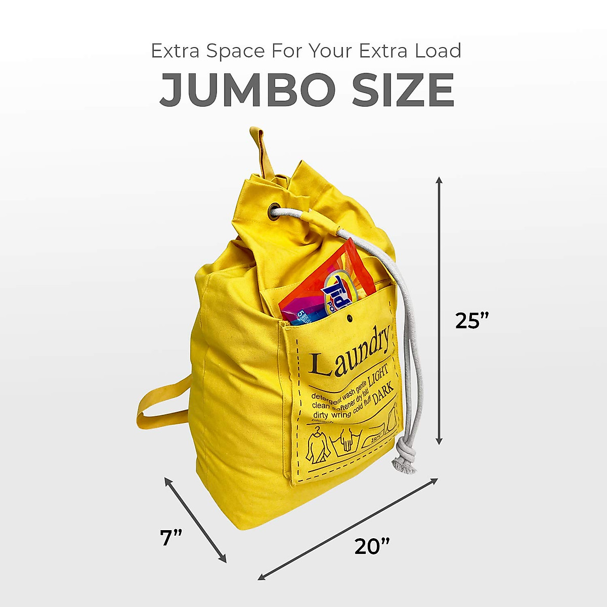 Teeo - Laundry Bag - Dorm Room Essentials - Travel Laundry Bags - College Essentials - Backpack Large Spacious 25”X20” Drawstring 100% Sturdy Cotton Canvas, Hamper Storage Organizer (Yellow)