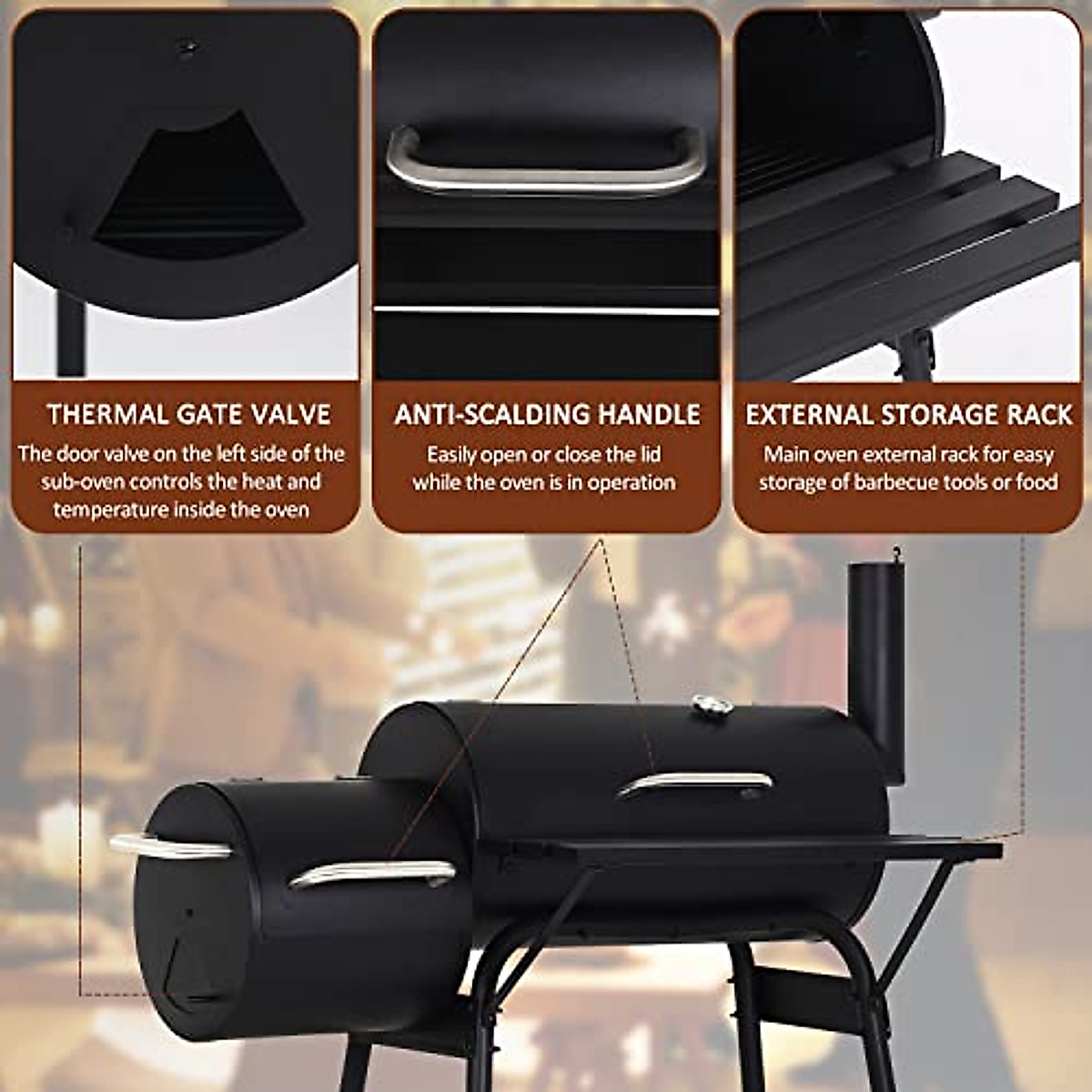 Charcoal Grills Outdoor BBQ Grill Offset Smoker with Wheels Side Fire Box Portable Barbecure Grill for Outdoor Cooking Backyard Camping Picnics,Black