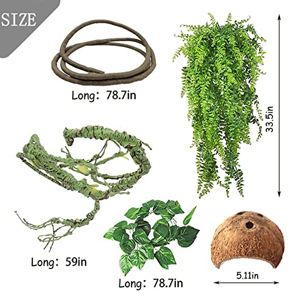 Tfwadmx Reptile Vines Plants Flexible Jungle Climbing Vine Gecko Coconut Coco Shell Hut Terrarium Plastic Plant Lizard Tank Accessories Habitat Decor for Gecko,Snake,Hermit Crab