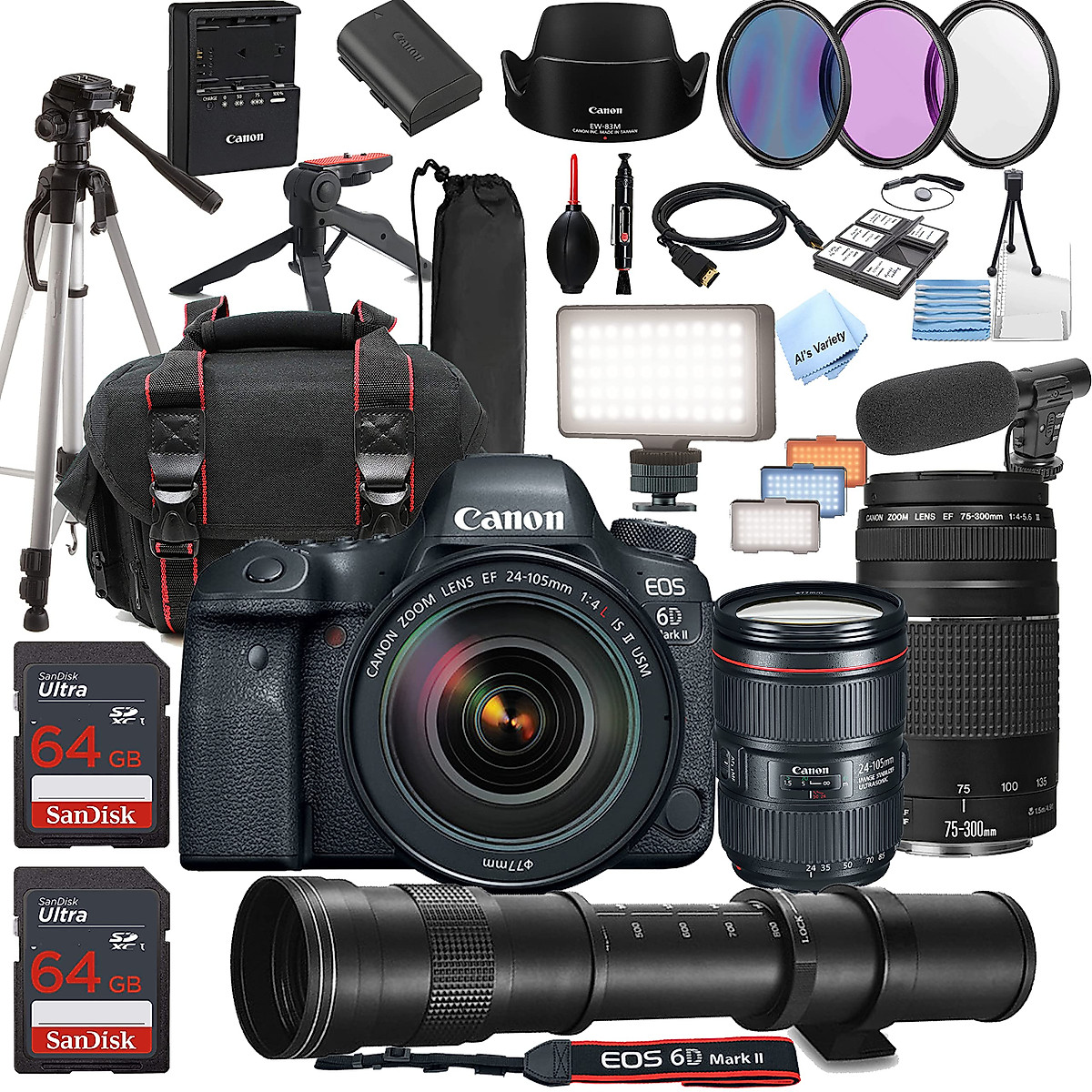 Canon EOS 6D Mark II DSLR Camera w/EF 24-105MM L is II USM + 75-300mm + 420-800mm Super Telephoto Lens + LED Always on Light + 128GB Memory, Filters, Case, Tripod + More (34PC Bundle Kit)