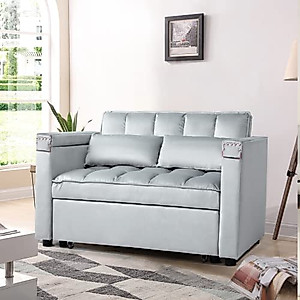 Convertible Sofa Bed, 3-in-1 Multi-Functional Velvet Sleeper Couch Pull-Out Bed, 48'' Loveseat Bed Chaise Lounge with Adjustable Backrest and Pillows, Hidden Side Table for Living Room, Small Space