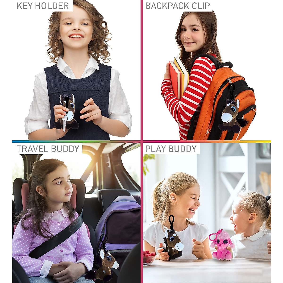 DolliBu Big Eyes Horse Stuffed Animal Toy Keychain - Soft Horse Keychain Stuffed Animals Small Charm for Backpack, Handbag and Purse, Perfect Horse Plush Animal Toys for Kids and Adults - 5.75 Inches