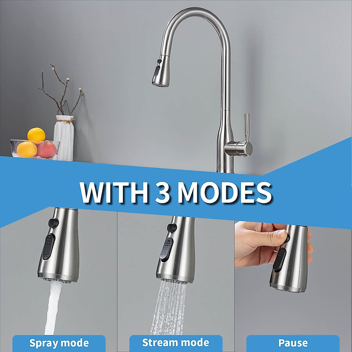 Pull Down Kitchen Faucet Head Replacement, Brushed Faucet Head with Dual Function, Spray Head for Kitchen Faucet, Stream and Spray Mode, Brushed Nickel