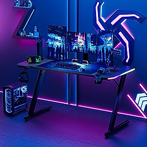 Kemon Gaming Desk with LED Lights, Z Shaped PC Gaming Table Computer Desk Ergonomic Home Office Desks, Carbon Fibre Surface Gamer Workstation with Mouse Pad, Cup Holder and Headphone Hook (63 inch)